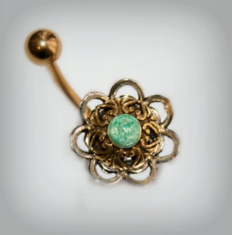 Golden and Silver Flower Belly Bar Belly Button Jewelry | Etsy