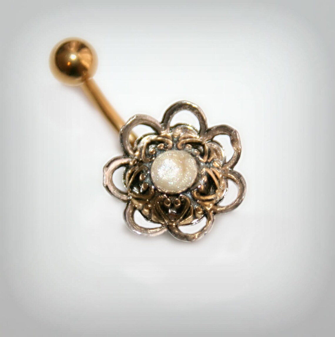 Golden and Silver Flower Belly Bar Belly Button Jewelry | Etsy