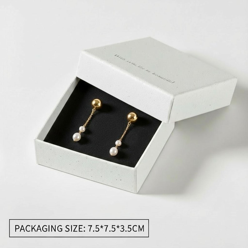 Gold Ball Pearl Drop Earrings, Dainty Freshwater Pearl Chain Earrings ...