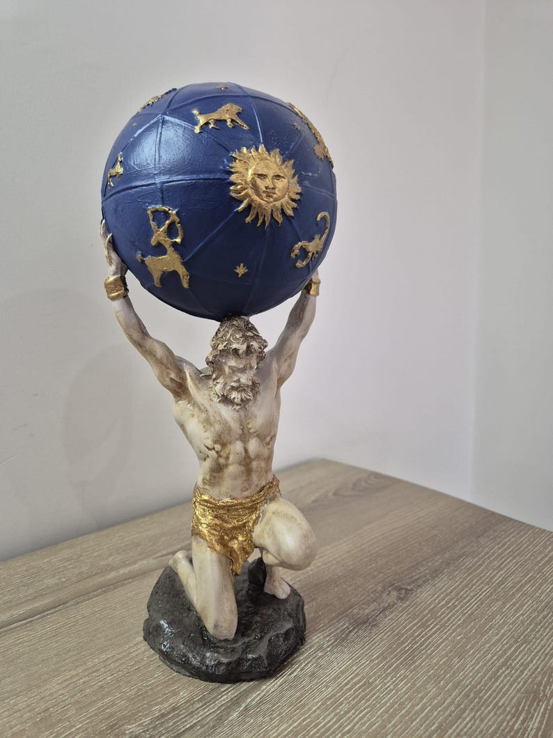 Atlas Holding the Zodiac Globe – Hand-painted Greek Mythology Sculpture ...