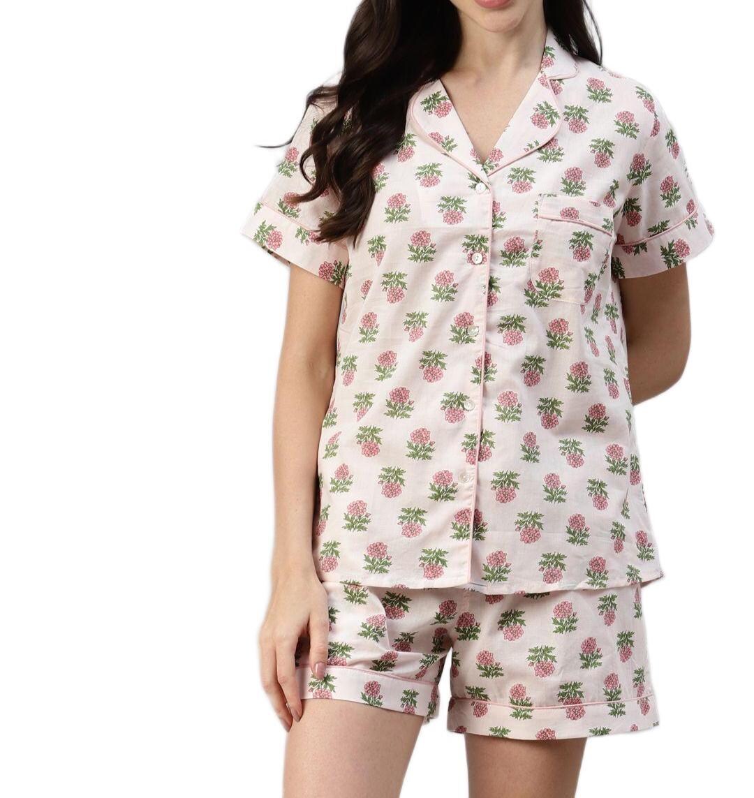 Plus Size Cotton Night Suit: Peach & Green Floral Print Loungewear (xs ...