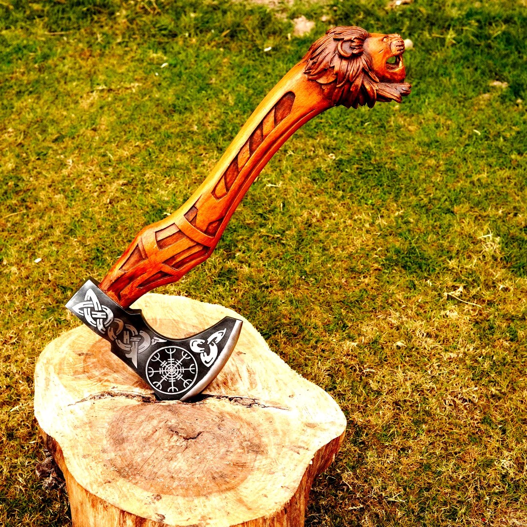 Custom Nordic Axe: Handcrafted Carbon Steel, Lion Head Handle, Perfect ...
