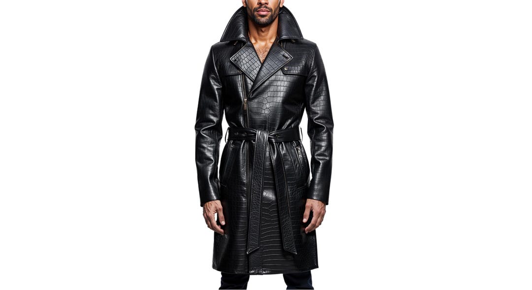 Handmade Black Crocodile Texture Leather Trench Coat | Gothic Overcoat ...
