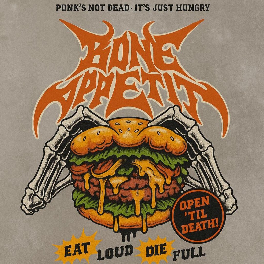 Punk Burger Skull Hands Graphic: Retro Streetwear T-shirt Design ...