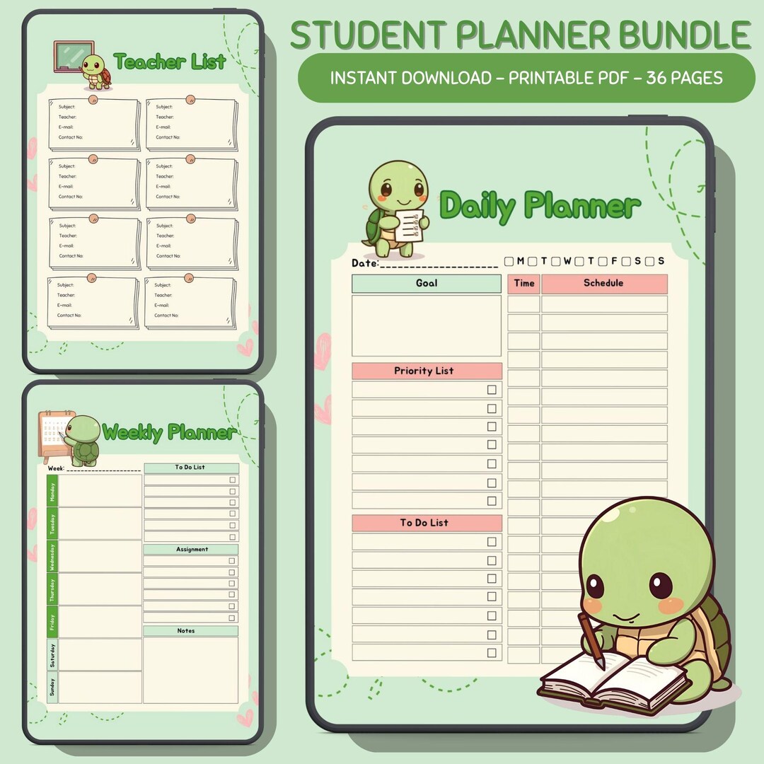 ADHD Student Planner Bundle: Kawaii Turtle Academic Organizer (PDF) - Etsy