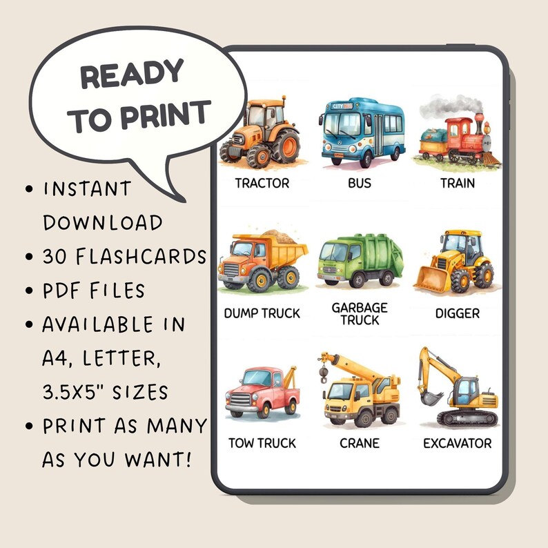 Printable Vehicle Flash Cards: Speech Therapy Montessori Learning for ...