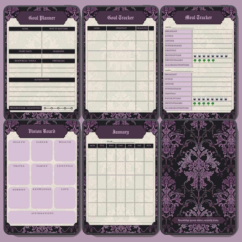 Dark Academia Student Planner Inserts Bundle Printable: Damask Gothic ...