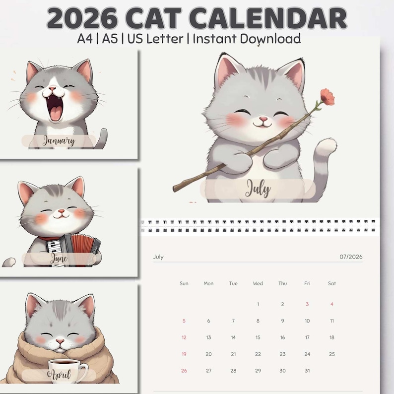 2026 Cat Calendar: Cute Illustration, Cat Lover Gift (printable) - Etsy