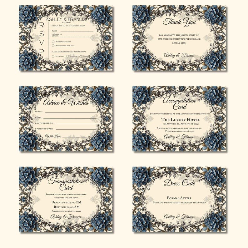 Toile Floral Wedding Invitation Suite, Blue Hydrangea Botanical Canva ...