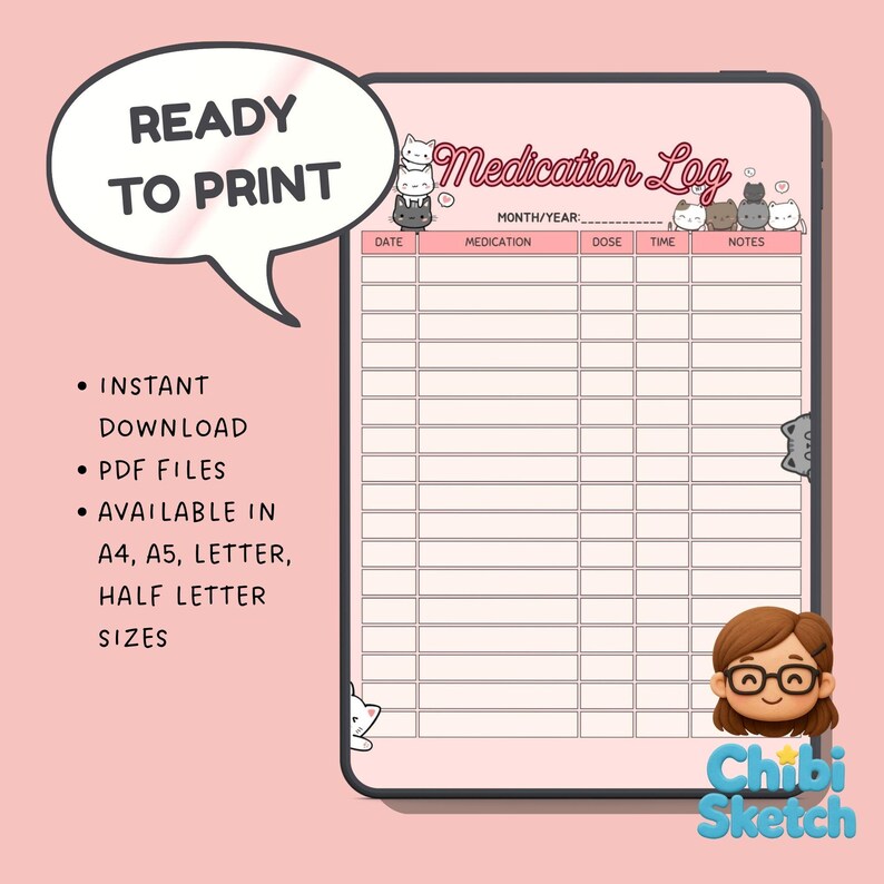 Kawaii Pastel Pink Medication Tracker & Log (PDF Printable) - Etsy