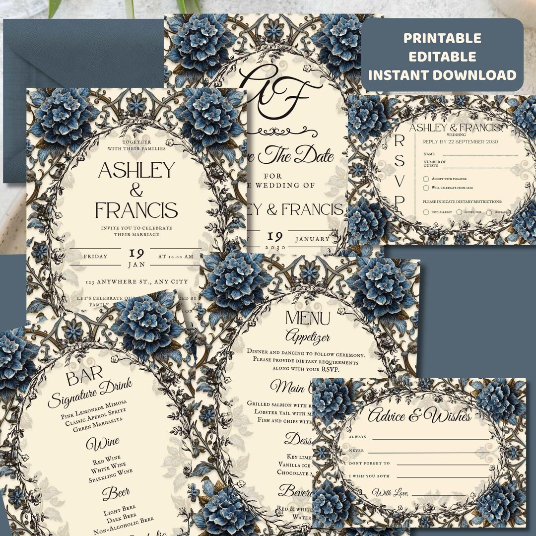 Toile Floral Wedding Invitation Suite, Blue Hydrangea Botanical Canva ...