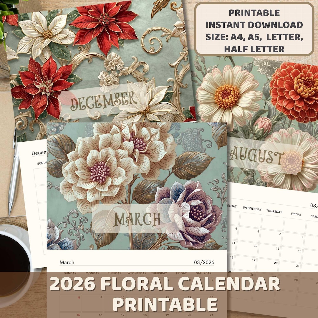 2026 Floral Calendar Printable: Baroque Style Luxurious Plant & Flower ...