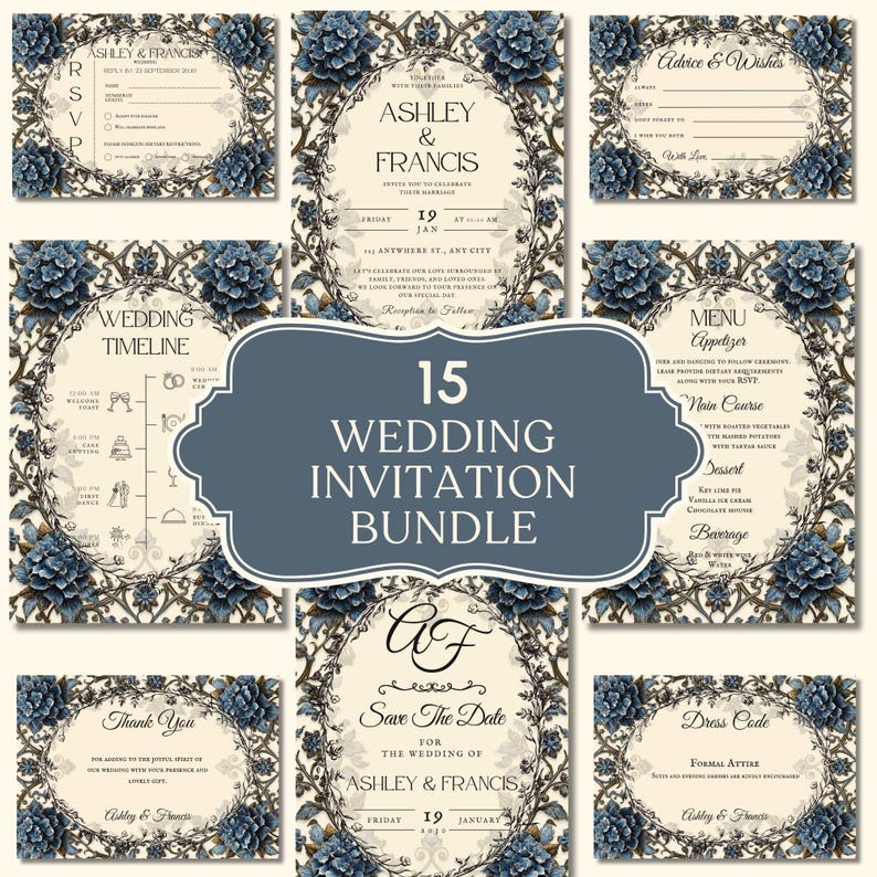 Toile Floral Wedding Invitation Suite, Blue Hydrangea Botanical Canva ...