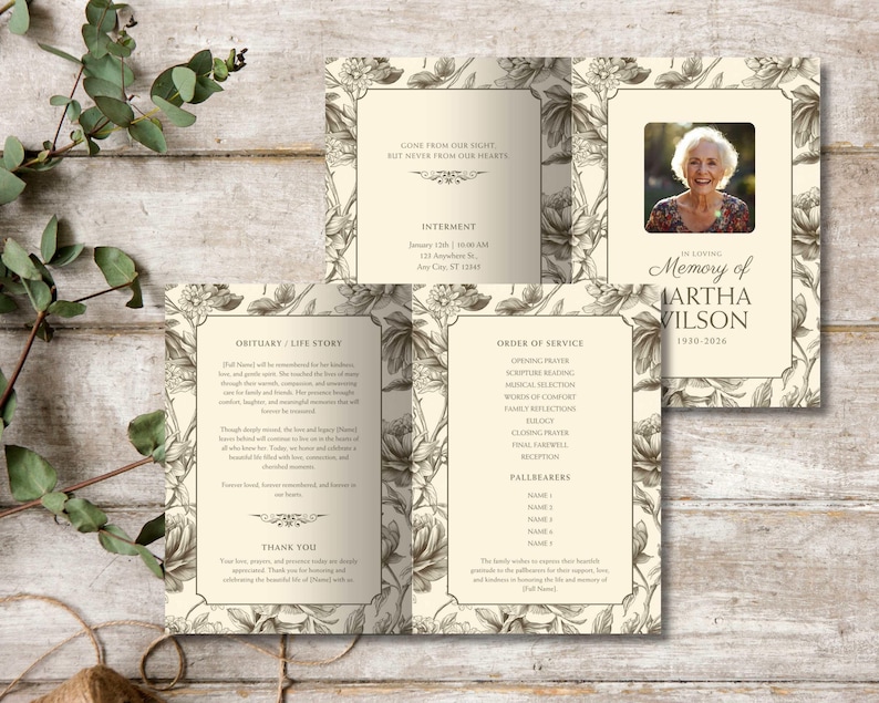 Editable Funeral Program Template, Floral Memorial Obituary ...