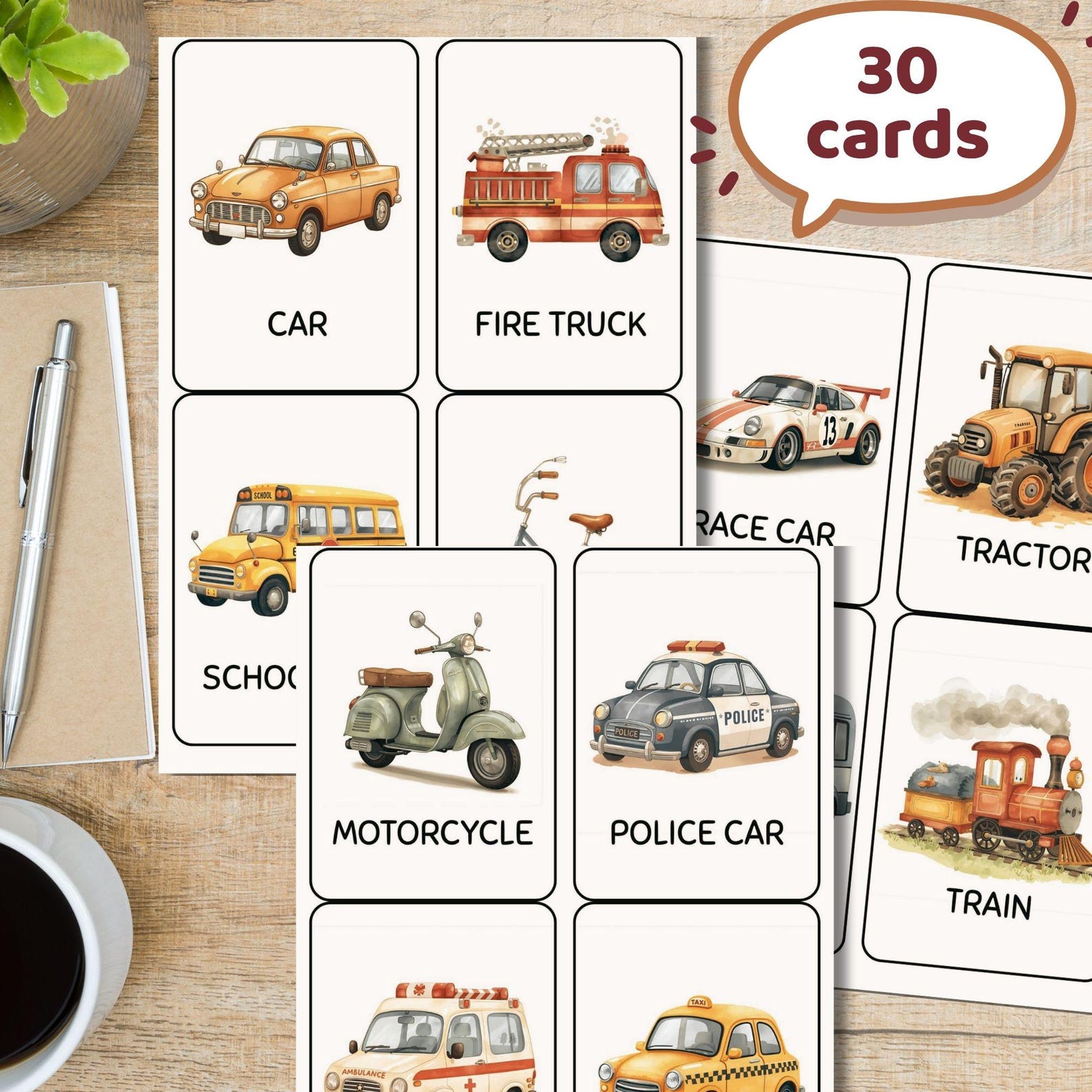 Printable Vehicle Flash Cards: Speech Therapy Montessori Learning for ...