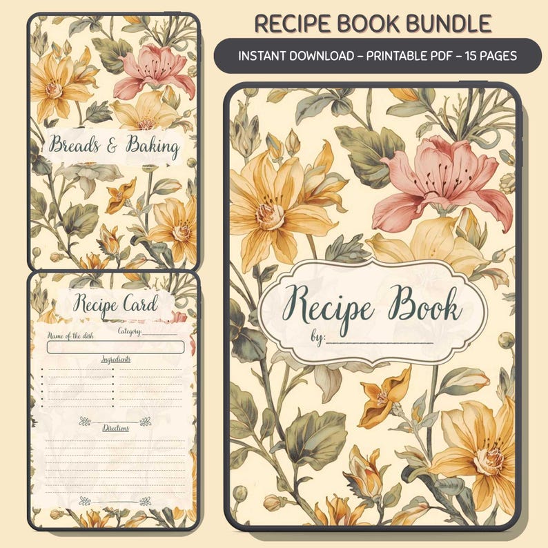 Printable Recipe Book Binder: Blank Kitchen Cookbook Cards Yellow ...