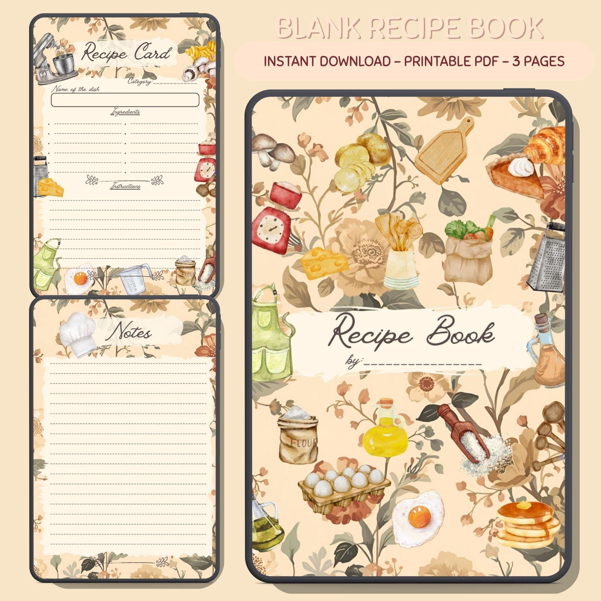 Printable Family Recipe Book Vintage Blank Recipe Cards & Cookbook (PDF ...
