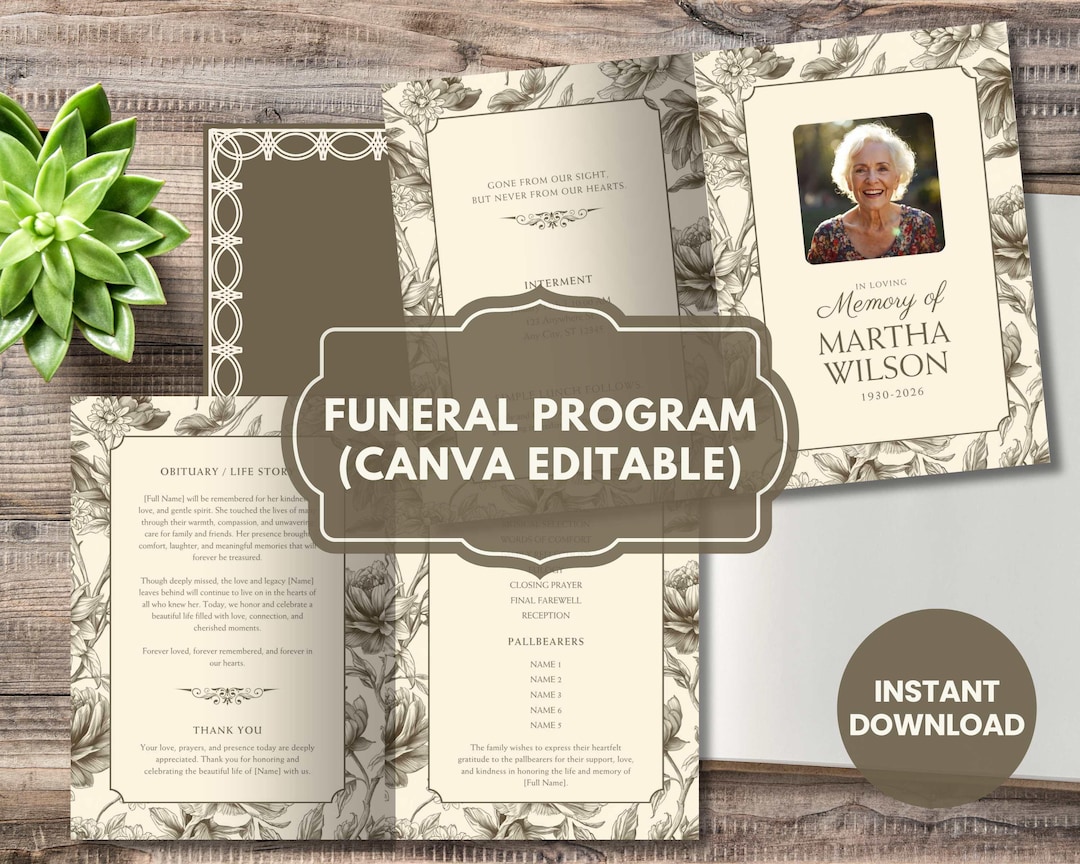 Editable Funeral Program Template, Floral Memorial Obituary ...