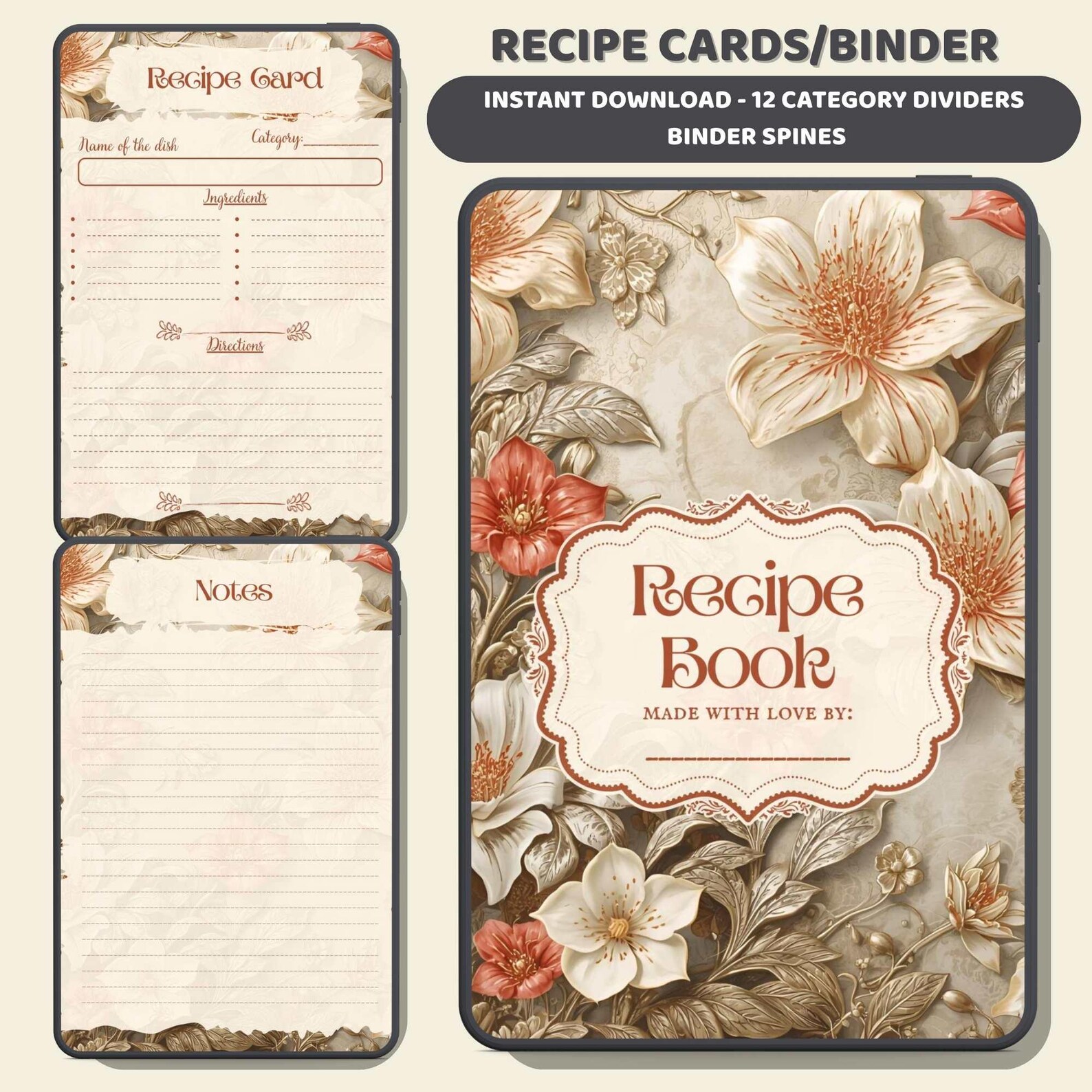 Printable Recipe Binder Dividers Bundle: Orange Floral Kitchen Cookbook ...