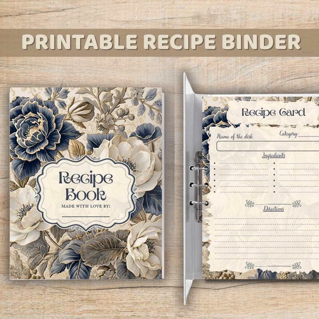 Printable Recipe Binder Dividers & Cover: Blue Floral Kitchen Cookbook ...