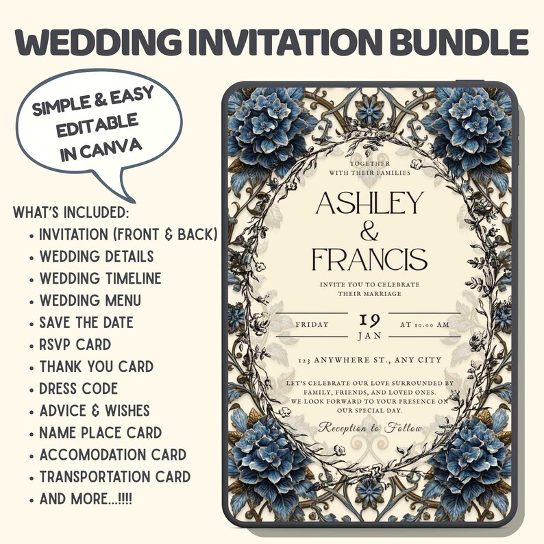 Toile Floral Wedding Invitation Suite, Blue Hydrangea Botanical Canva ...