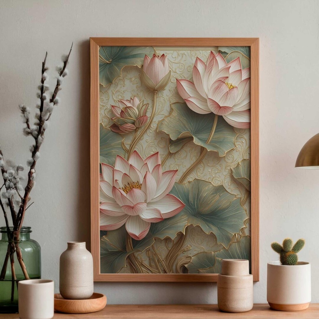 Vintage Chinese Lotus Flower Art Print: Pink White Water Lily Floral ...