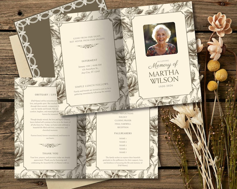 Editable Funeral Program Template, Floral Memorial Obituary ...