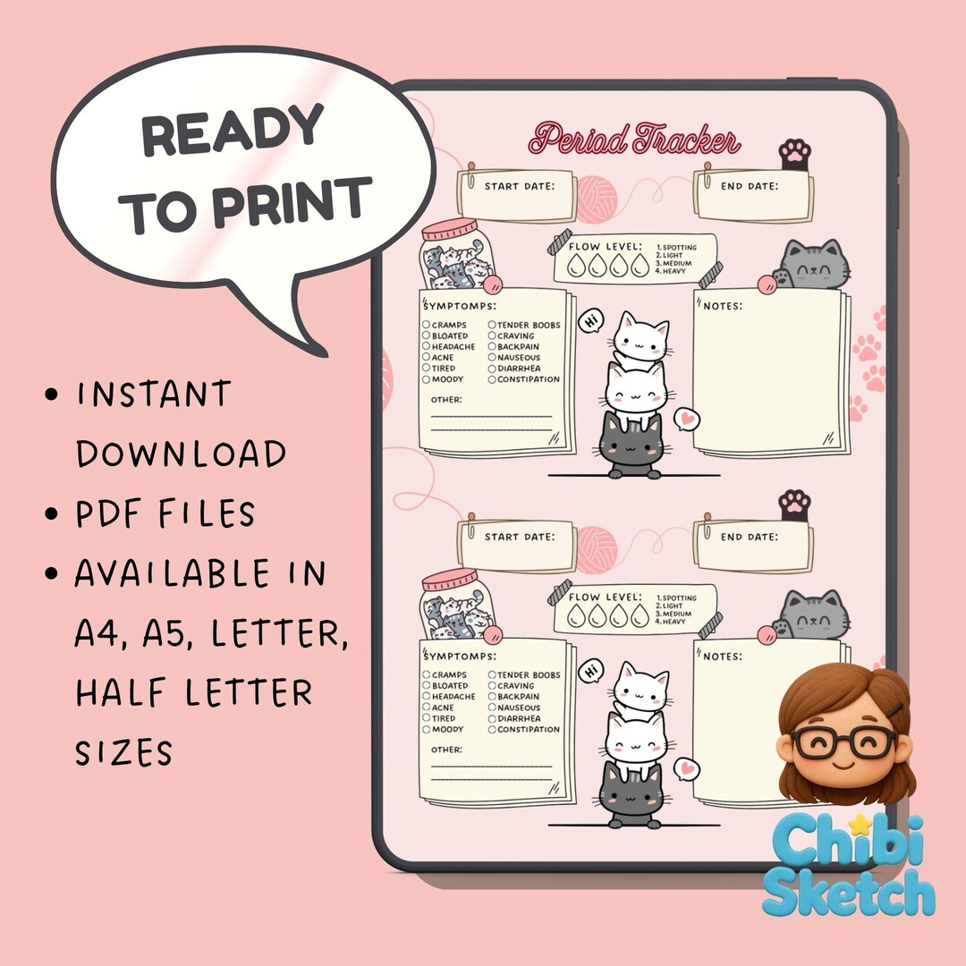 Cute Chibi Cat Pink Period Tracker | Pastel Menstruation Printable ...