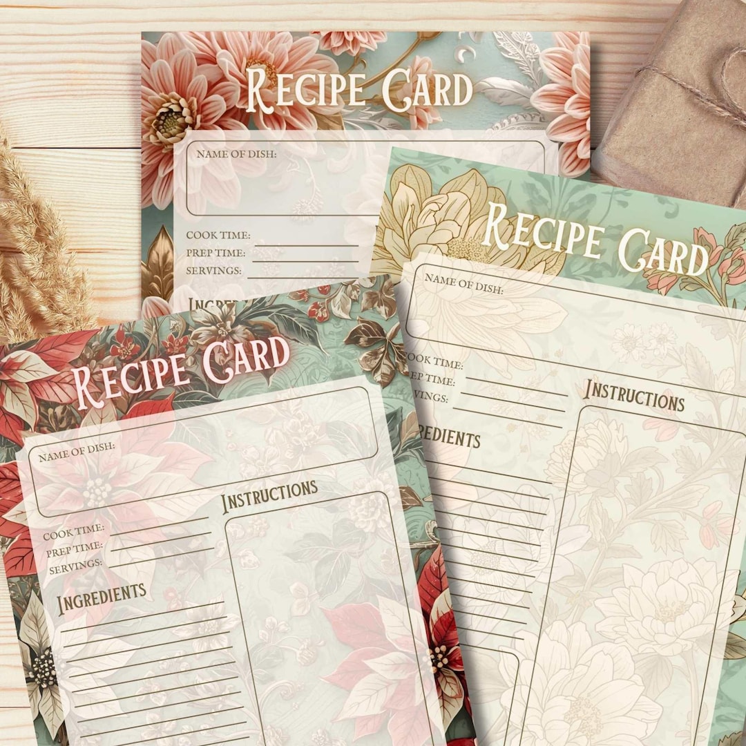 Floral Recipe Cards Printable 4x6" 5x7" / Kitchen Binder 10 Floral ...