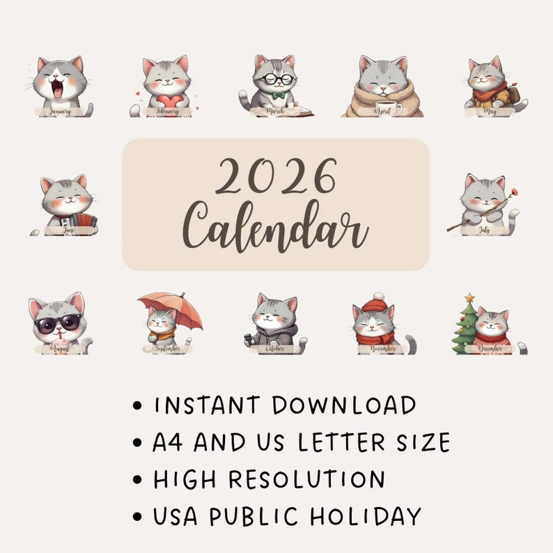 2026 Cat Calendar: Illustration, Cat Lover Gift (printable PDF A4/A5/US ...