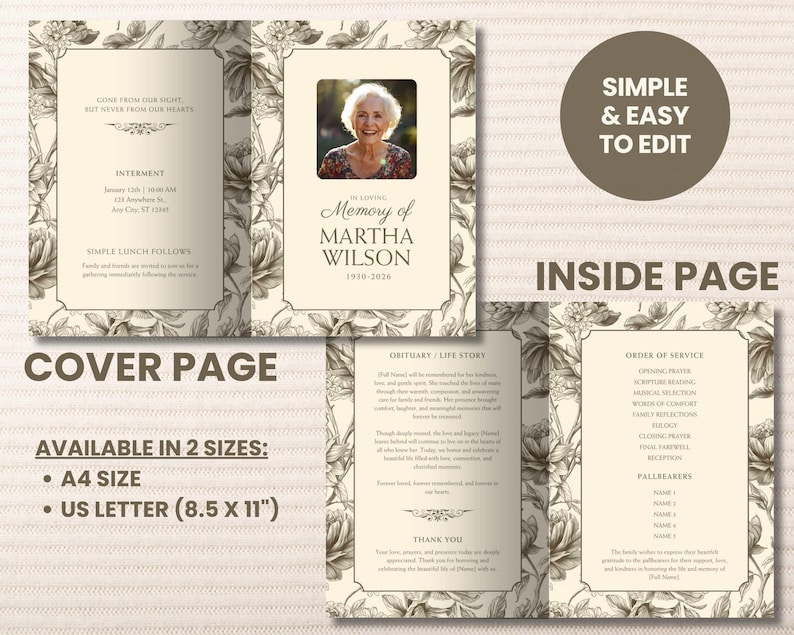 Editable Funeral Program Template, Floral Memorial Obituary ...
