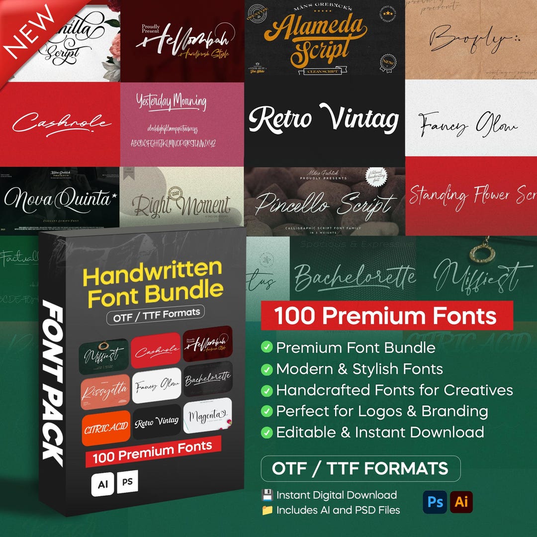 100 Premium Handwritten Fonts Bundle – Elegant, Unique Calligraphy ...