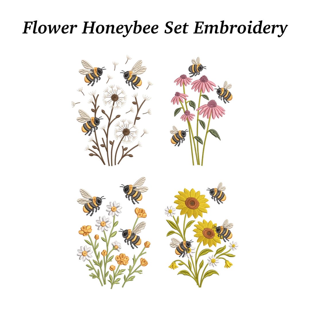 Flower Honeybee Embroidery Design Set – Sunflower, Dandelion, Daisy ...