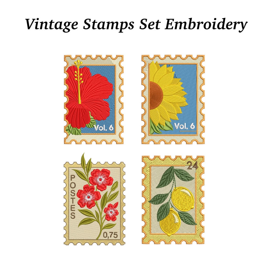 Vintage Botanical Stamps Embroidery Designs – Hibiscus, Lemon, Daisy ...