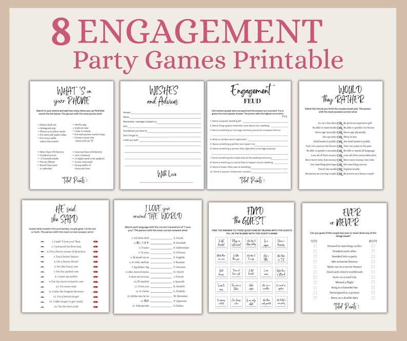 Printable Engagement Party Games Engagement Game Bundle Proposal ...