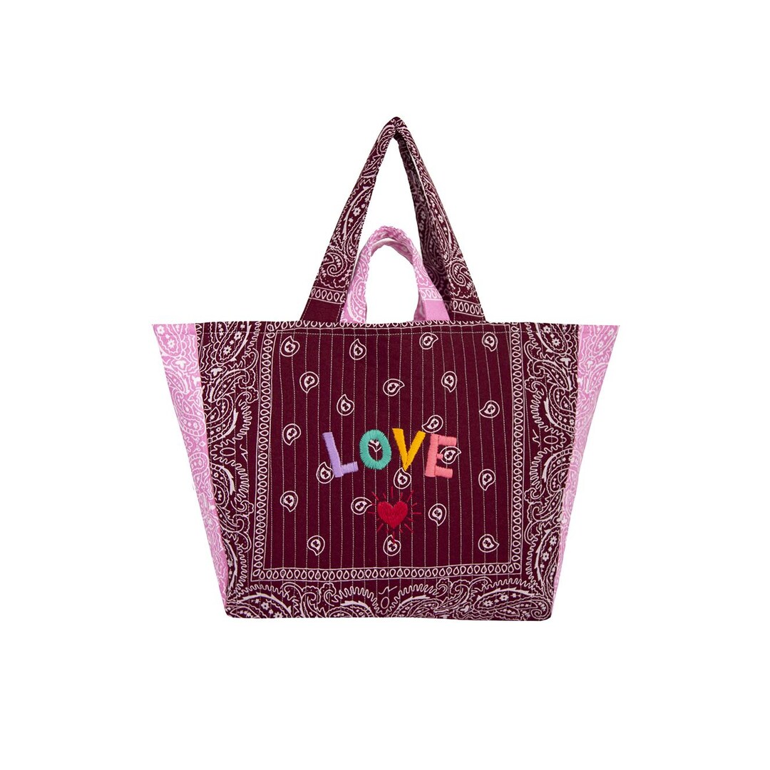 Love Hand Embroidered Perla Tote Bag: Claret Red & Pink Quilted ...