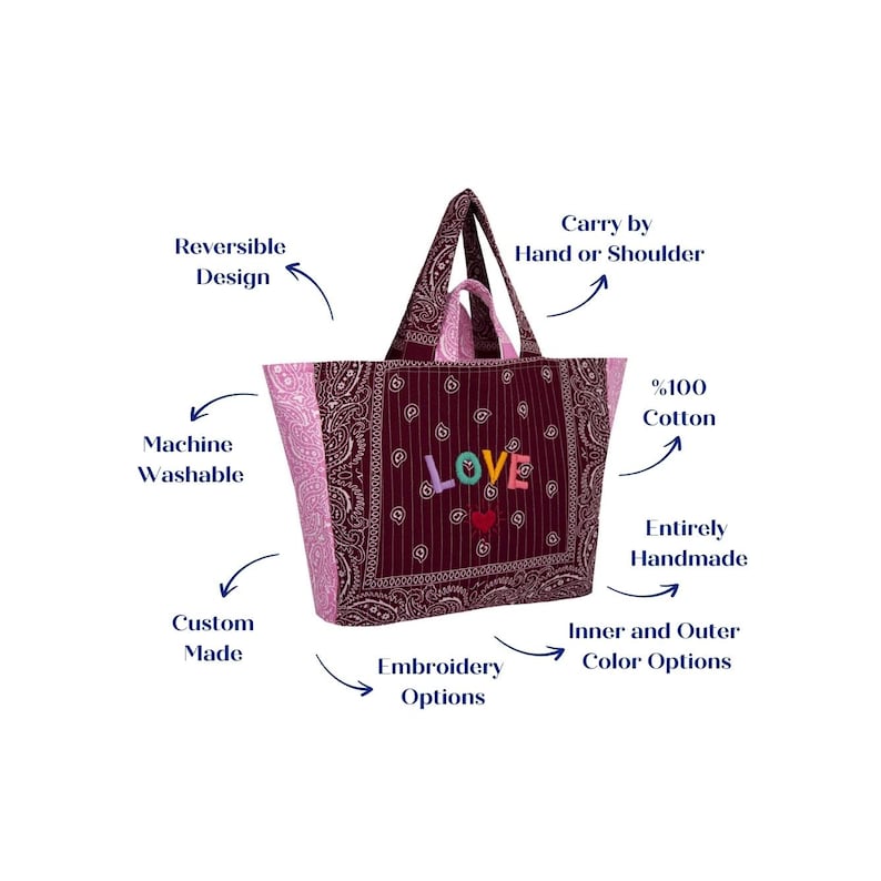 Love Hand Embroidered Perla Tote Bag: Claret Red & Pink Quilted ...