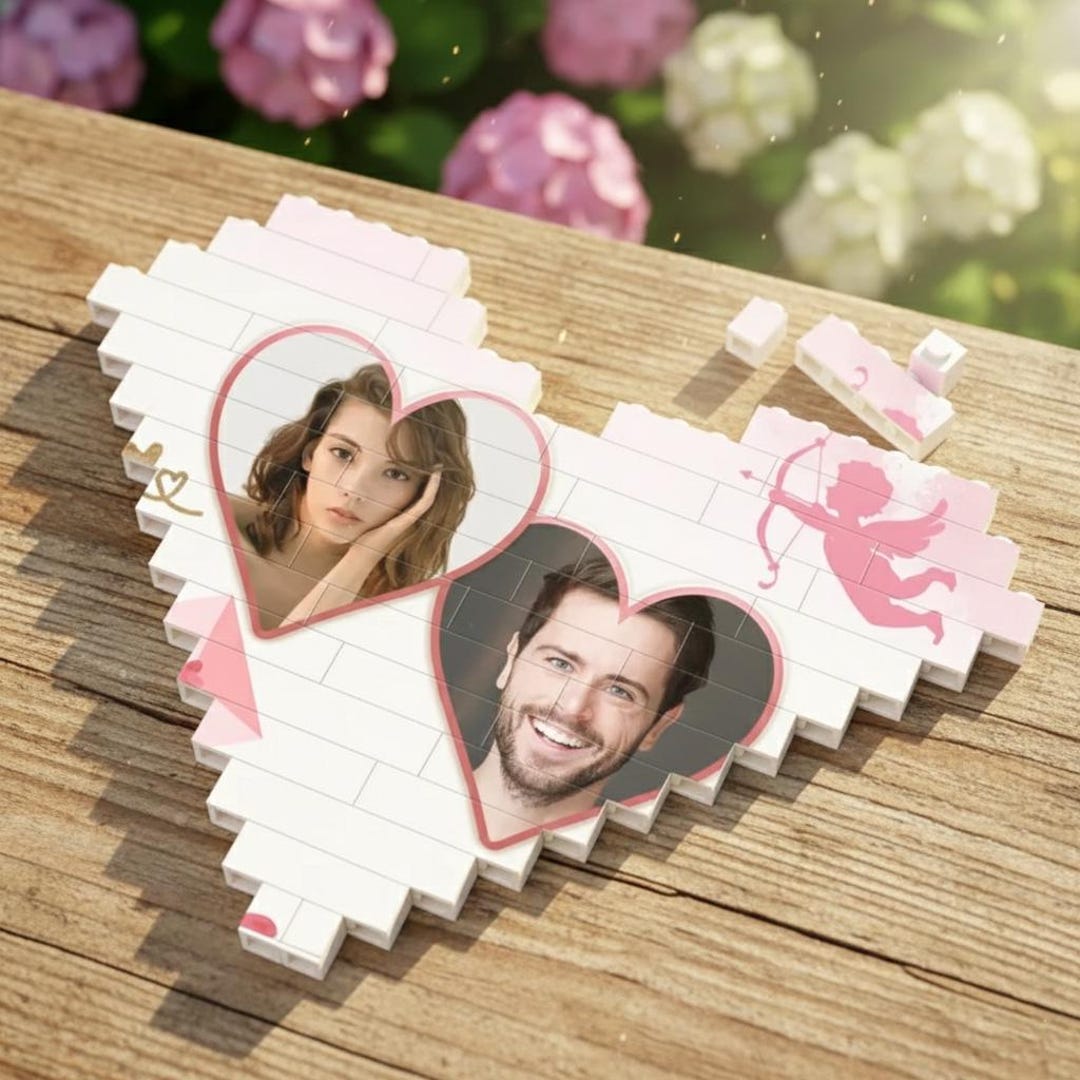 Custom Double Heart Photo Building Blocks, Personalized Picture Block ...