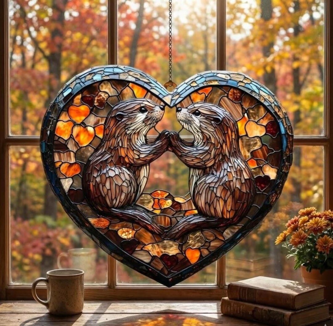 Otter Couple Stained Glass Suncatcher, Couple Window Decor, Anniversary ...