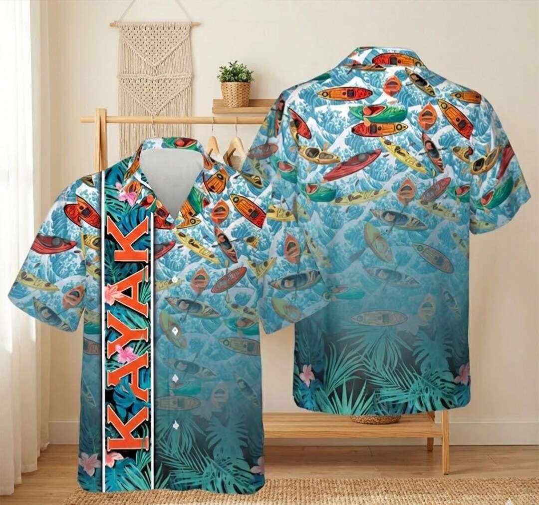 Kayak Pattern Hawaiian Shirt, Kayak Print Button up Shirt, Mens Summer ...