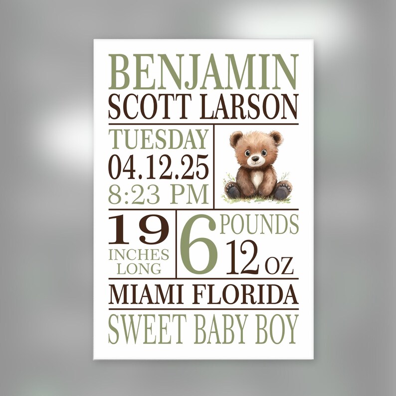 Personalized Baby Birth Stat Sign, Woodland Nursery Decor, Bear Wall ...