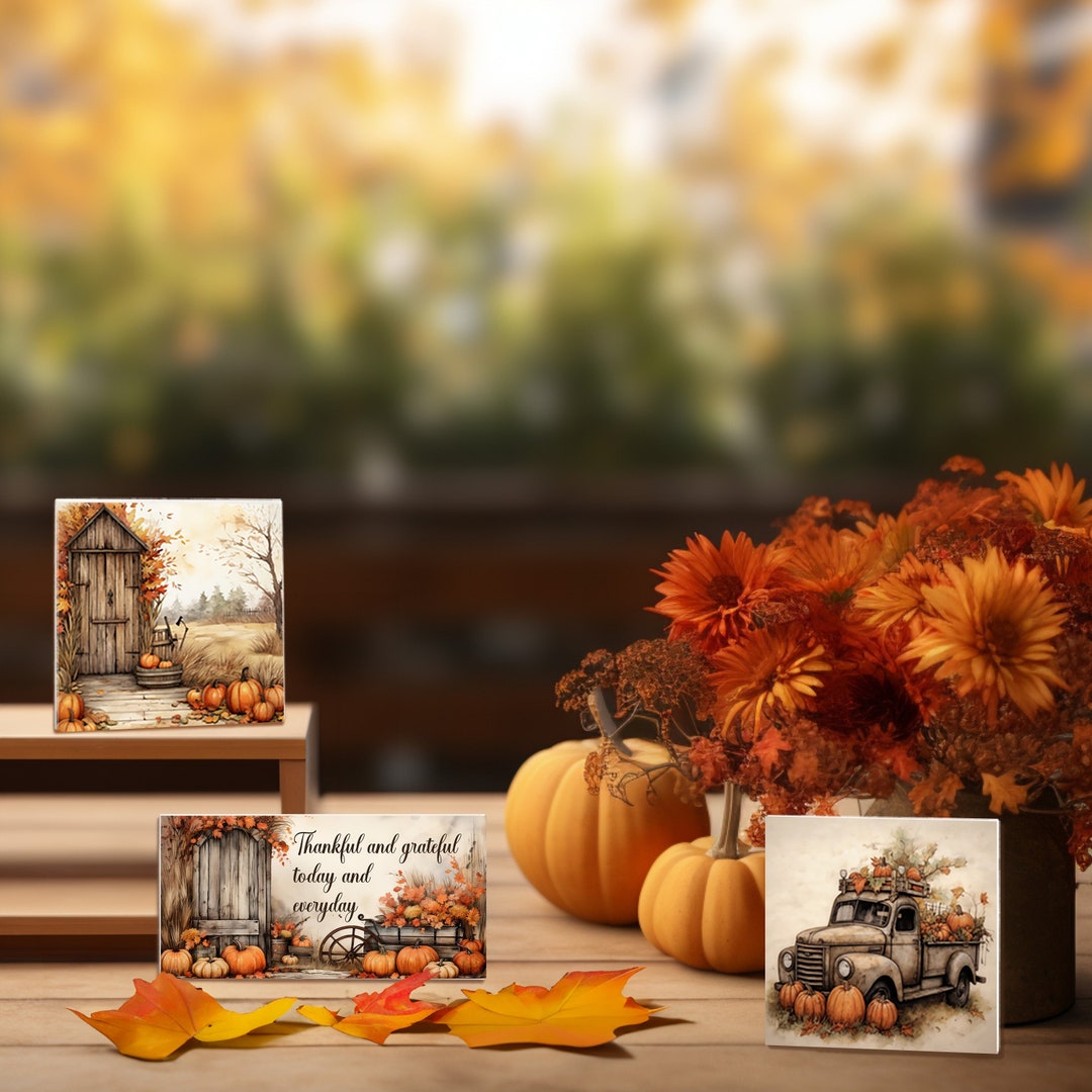 Autumn Harvest Ceramic Set of Three Tiles, Thanksgiving Fall Pumpkin ...