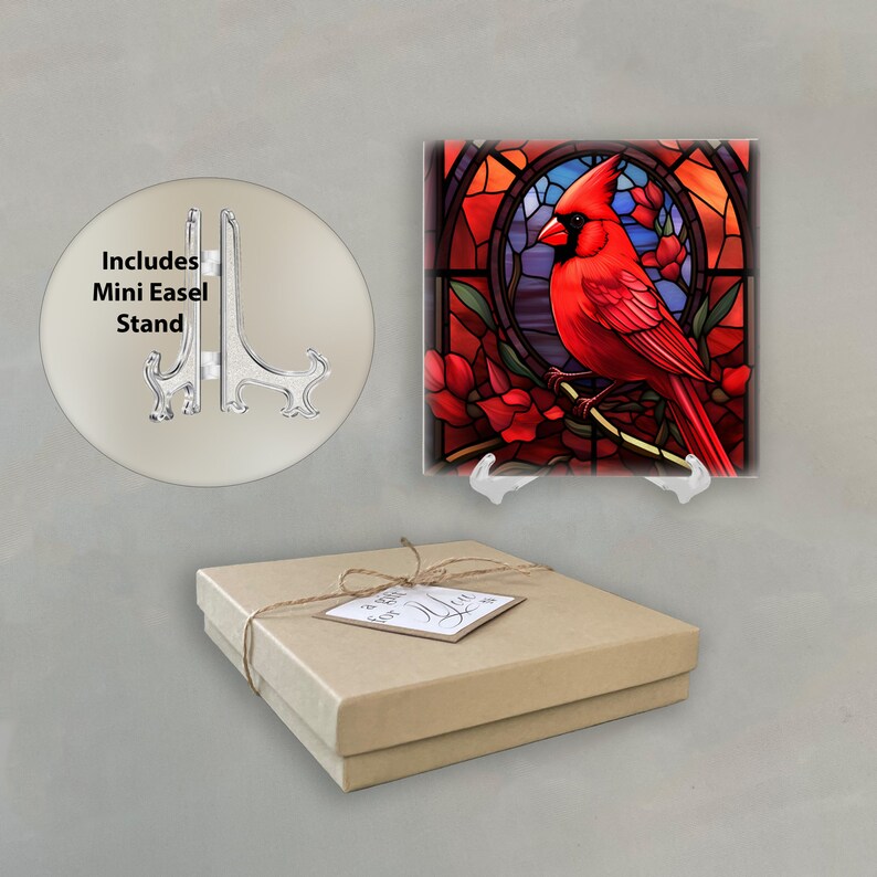 Red Cardinal Ceramic Tile: Printed Image Stained Glass Look, Bird Lover ...