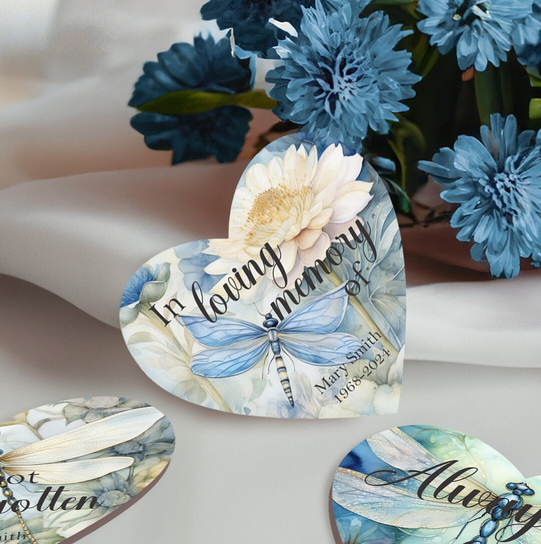 Celebration of Life Memorial Tokens, Personalized Dragonfly Heart ...