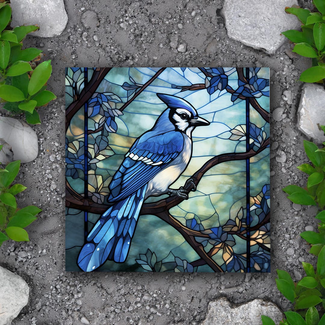 Blue Jay Decorative Tile, Stained Glass Style Bird Art, 6x6 Garden Wall ...