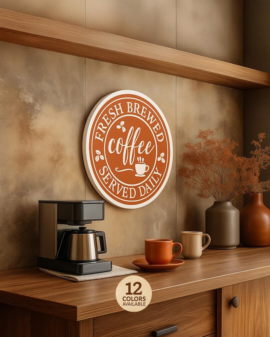 Fresh Brewed Coffee Sign – Round Rustic Kitchen Wall Decor for Coffee ...