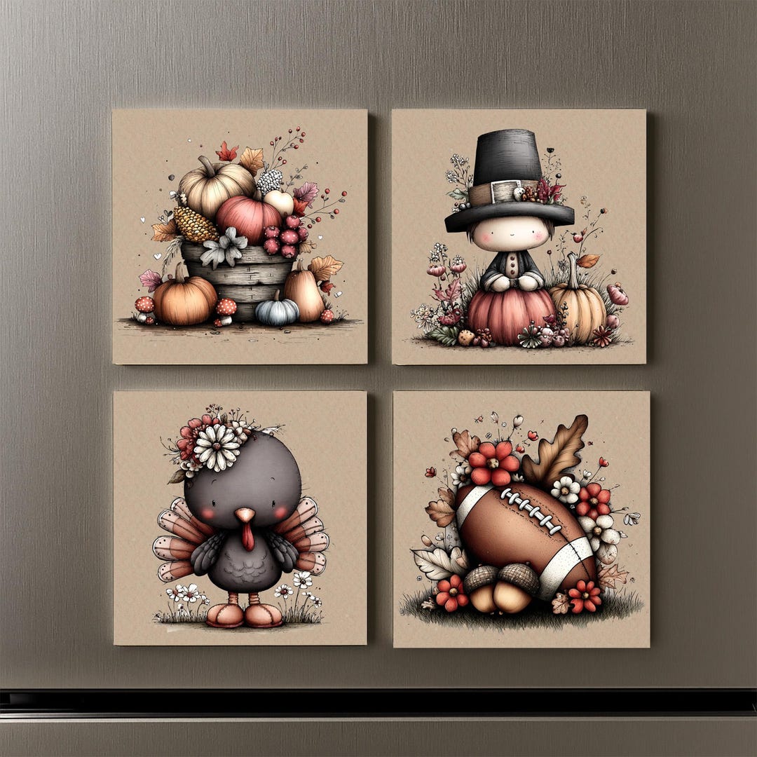 Thanksgiving Magnet Set – Fall Fridge Decor, Pilgrim, Turkey, Pumpkin ...