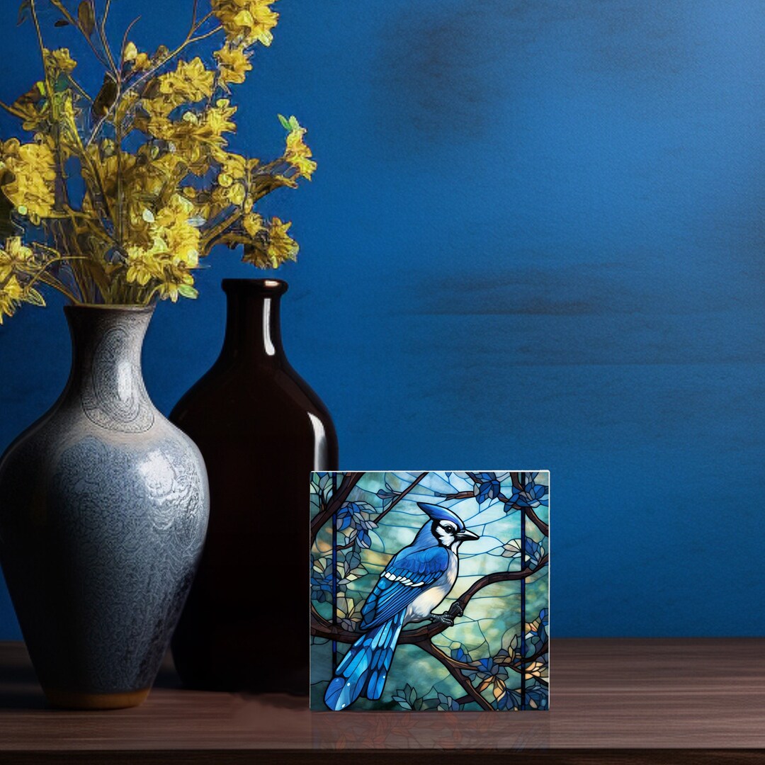 Blue Jay Stained Glass Print Tile – Bird Lover Gift, Nature Art, Blue ...