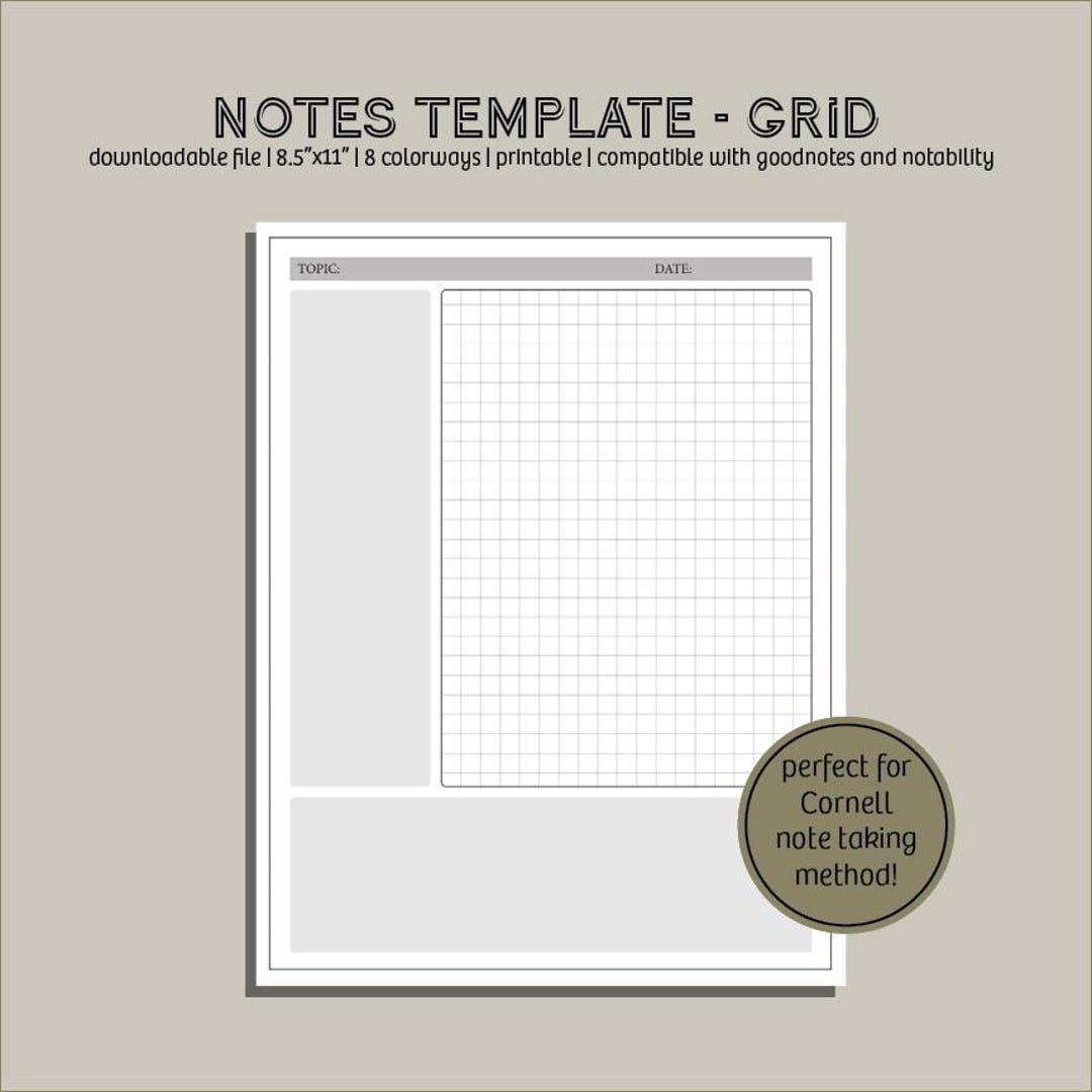 NOTES TEMPLATE - GRID | Downloadable File | 8.5"x11" | 8 Colorways ...