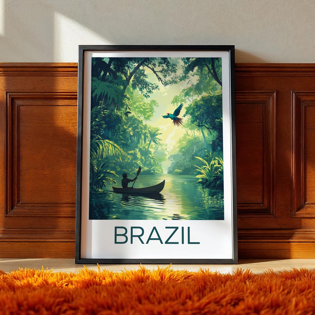 Brazil Amazon Rainforest Poster – Jungle River Canoe & Macaw ...